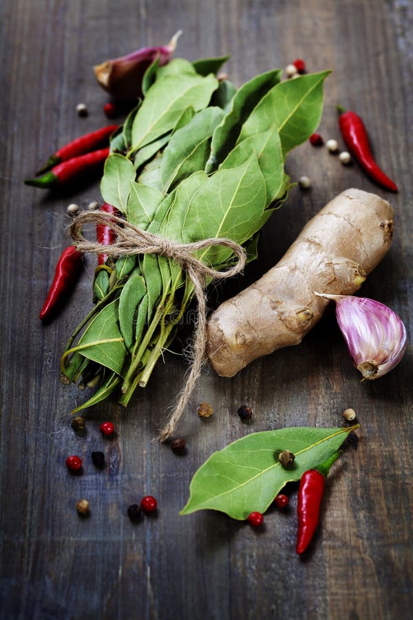 Spices on a wooden board stock photo. Image of pile, gourmet - 28583958