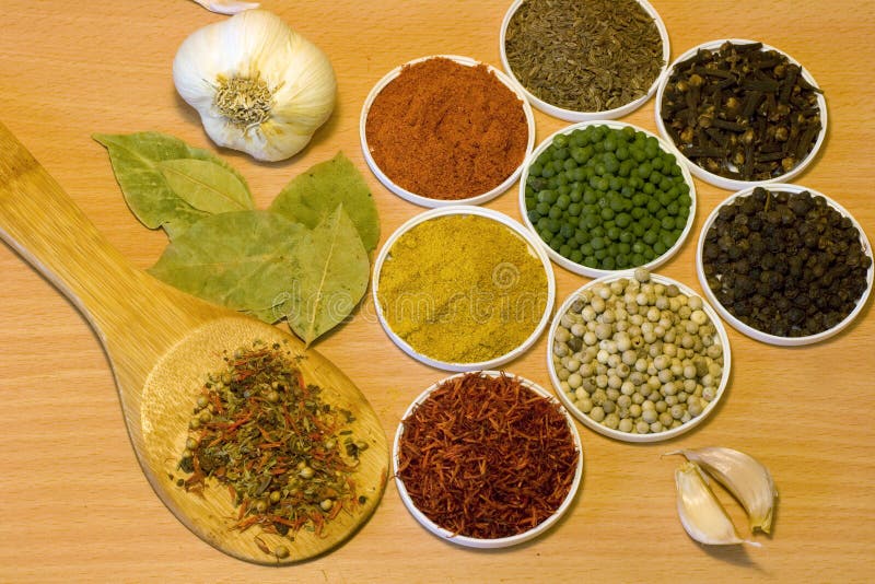 Spices on wooden board stock photo. Image of color, curry - 7434466