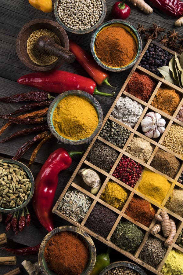 Close-up of Different Types of Assorted Spices in a Wooden Box Stock ...