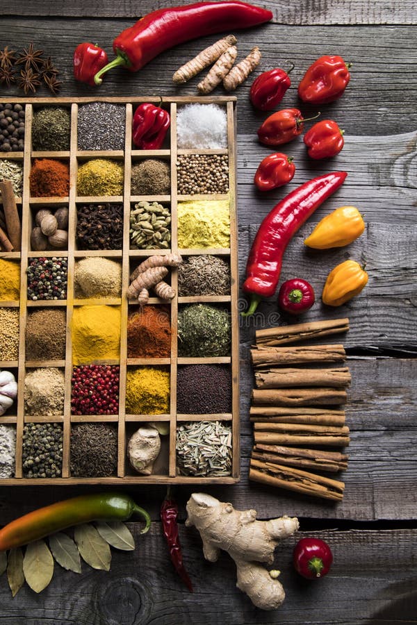 Close-up of Different Types of Assorted Spices in a Wooden Box Stock ...