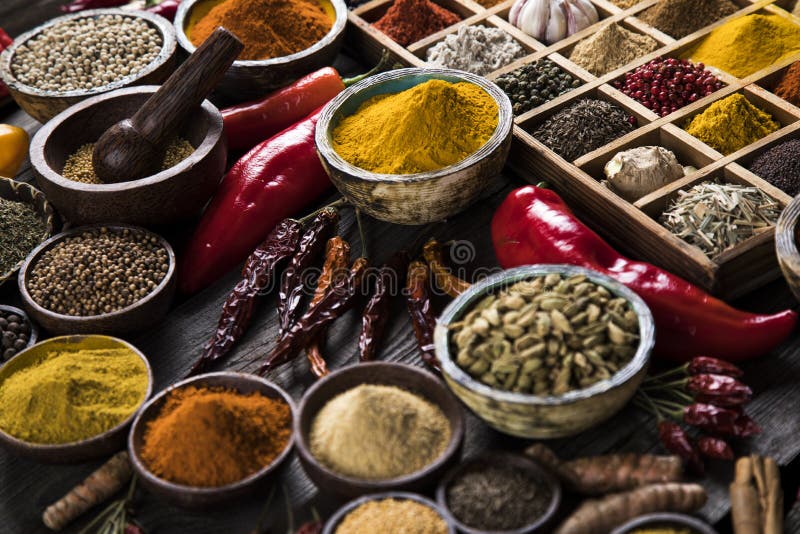 Close-up of Different Types of Assorted Spices in a Wooden Box Stock ...