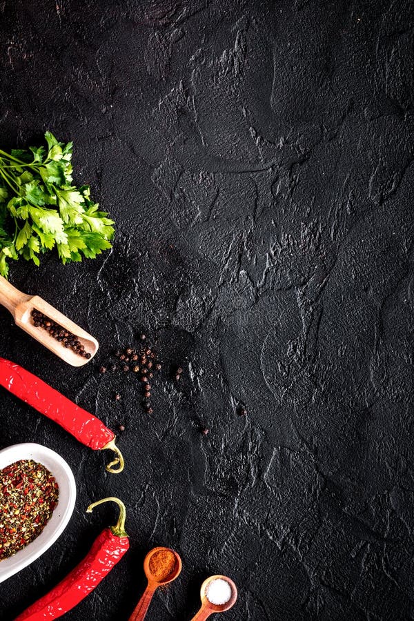 Spices in Wooden Spoon on Dark Background Top View Stock Photo - Image ...