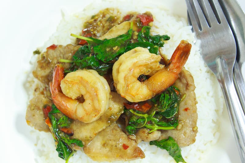 Spicy Basil Shrimp and Pork Fried with Rice. Stock Image - Image of ...