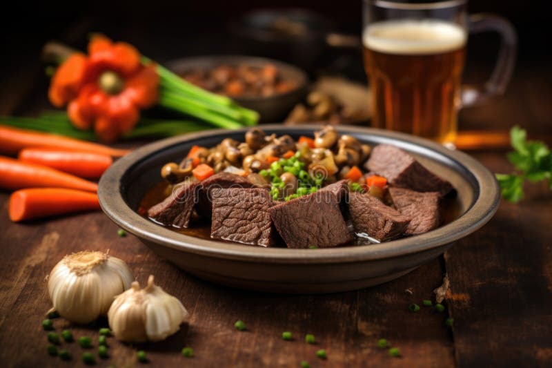 Spicy Beef Brisket Slice, Stout Beer Caps in a Bowl Stock Photo - Image ...