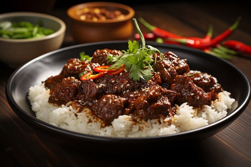 Spicy Beef Rendang with Rice Stock Illustration - Illustration of spicy ...