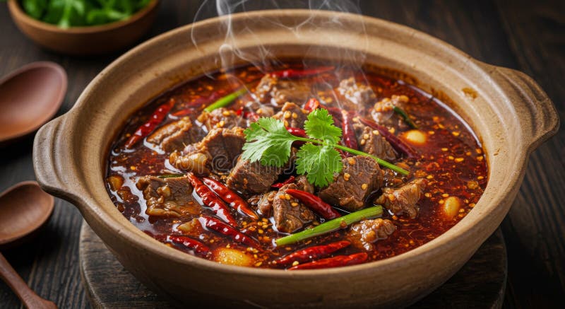 Spicy Beef Stew in Clay Pot with Red Chili and Herbs Stock Illustration ...