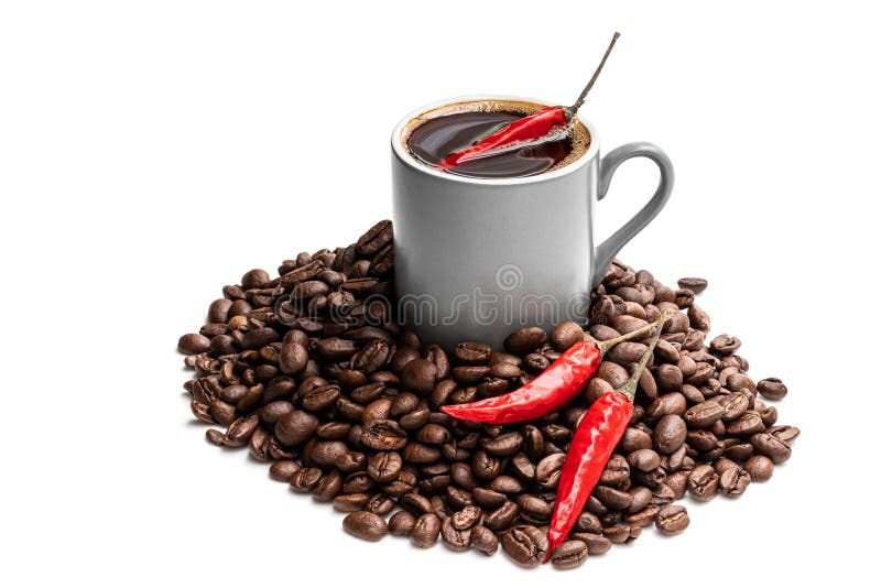 Spicy Black Coffee in Small Cup with Beans and Chilli Isolated on White ...