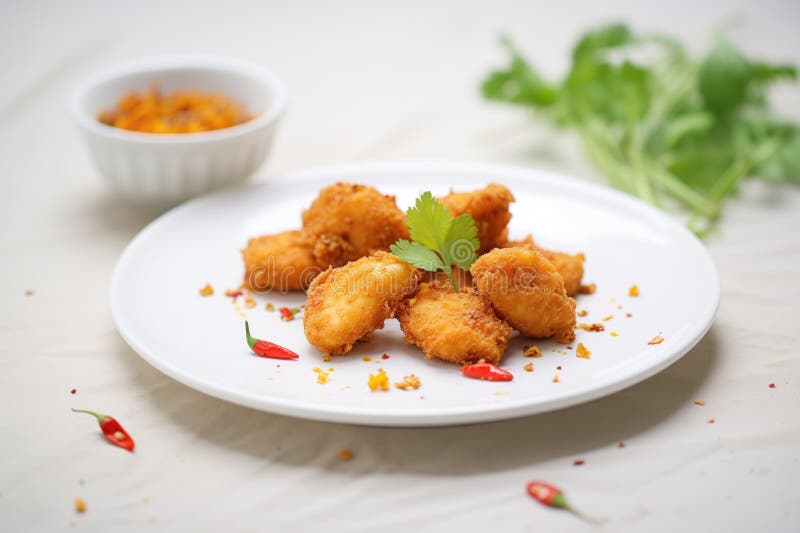 Spicy Breaded Nuggets with Chili Flakes, White Plate Stock Photo ...
