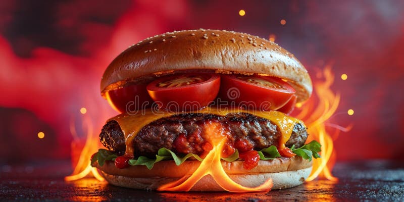 Spicy Burger with Flames and Tomatoes on Fiery Red Background Stock ...