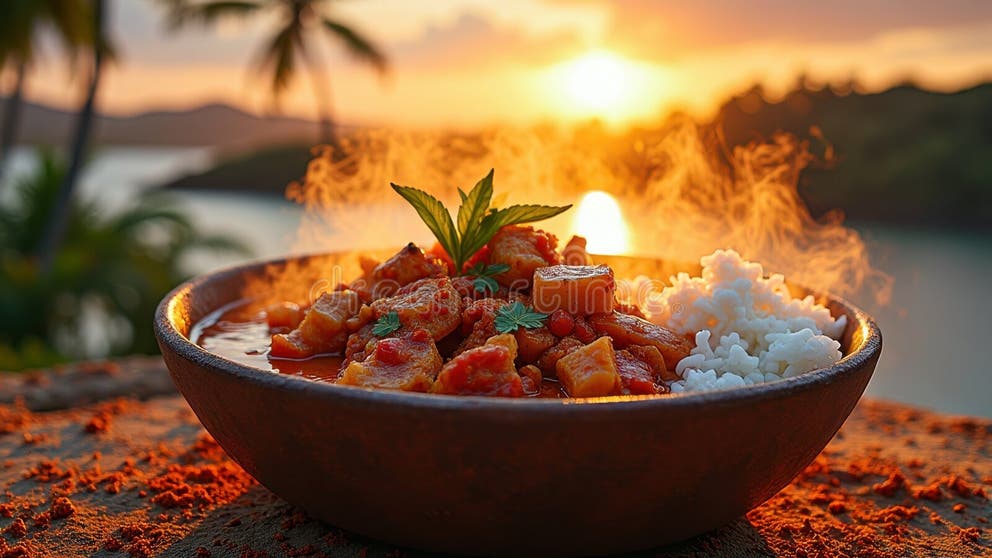 Spicy Caribbean Stew with Rice and Tropical Sunset Background Stock ...