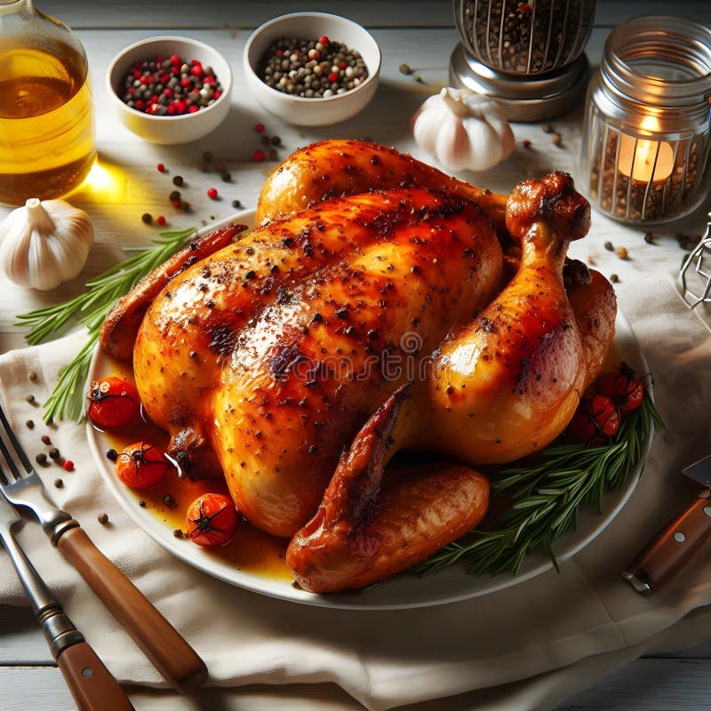 Full Chicken Roasted on White Table Stock Photo - Image of invertebrate ...