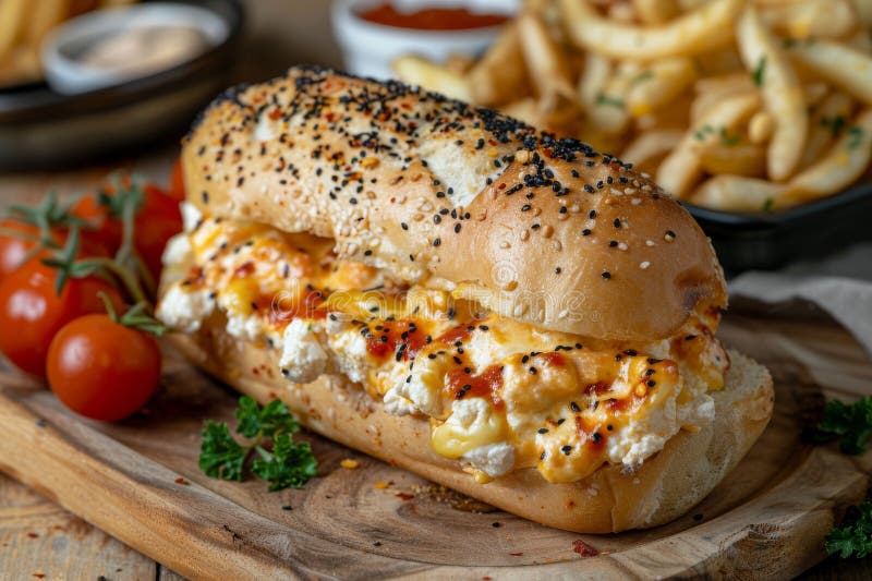 Spicy Chicken Sub Sandwich with Melted Cheese and Fries Stock ...