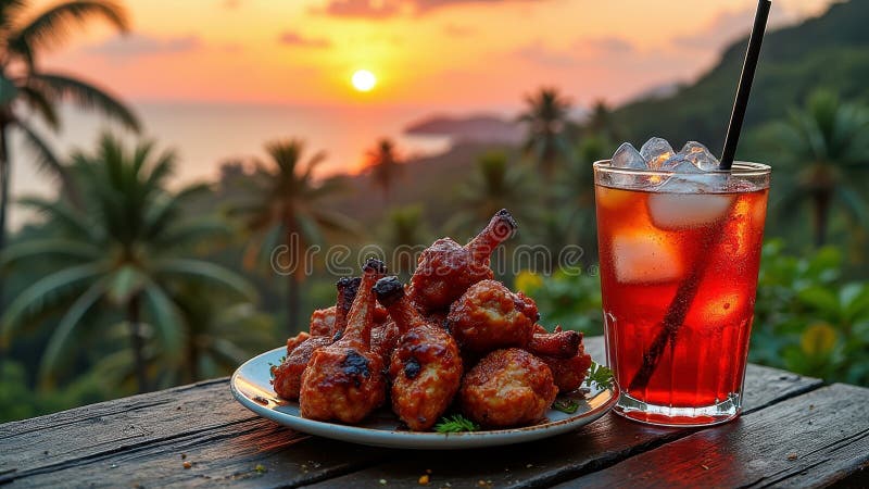 Spicy Chicken Wings and Refreshing Beverage at Tropical Sunset Stock ...