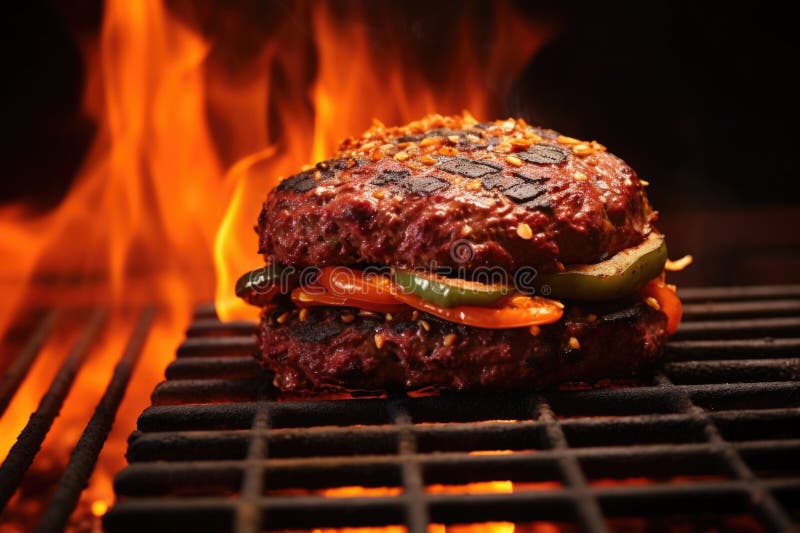 Spicy Chili Burger on Grill, Flame Dancing Around Stock Image - Image ...