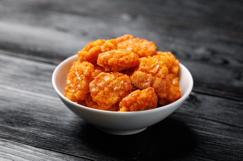 Spicy Chilli Rice Crackers in White Bowl. Party Food Snacks Stock Photo ...