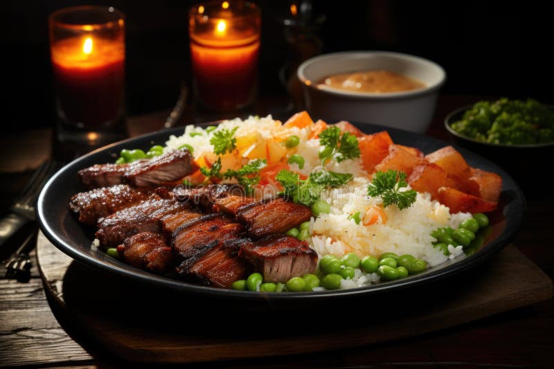 Spicy Cooked Rice Closeup with Meat, Vegetables and Chips on a Plate ...