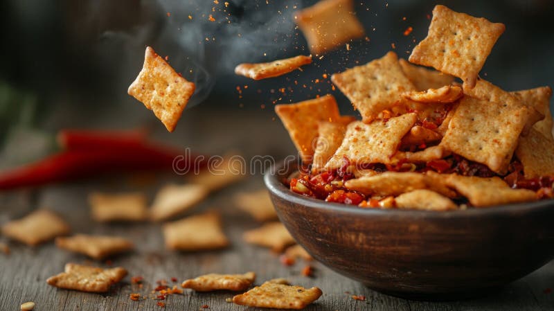 Spicy Crackers in a Brown Bowl, Flying with Chili Flakes Stock ...