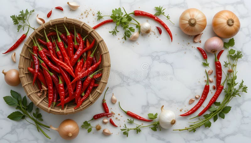 Spicy Culinary Background with Chili, Garlic, and Onion Stock ...