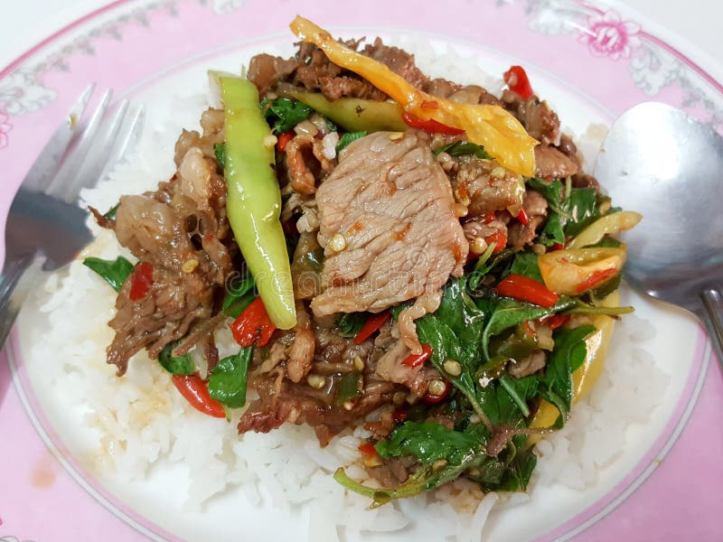 Spicy Fried Beef with Basil Leaves on Dish Stock Image - Image of meat ...