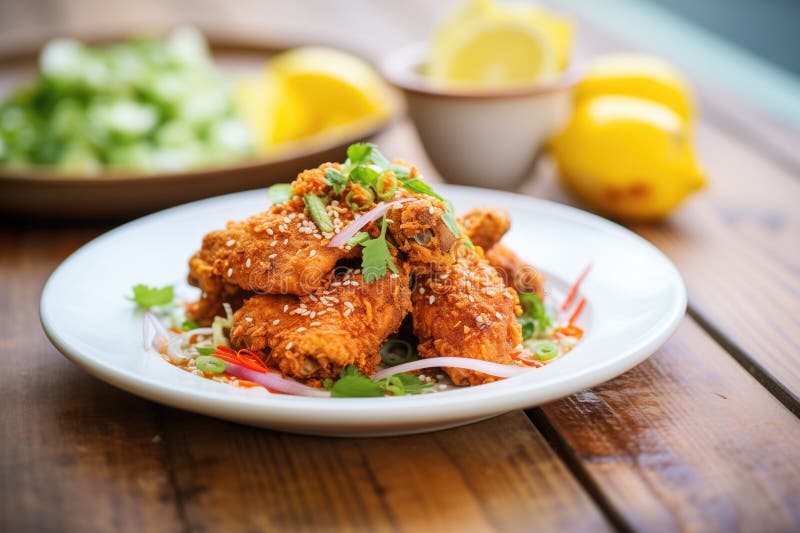 Spicy Fried Chicken with Chili Flakes and Lemon Wedge Stock Image ...