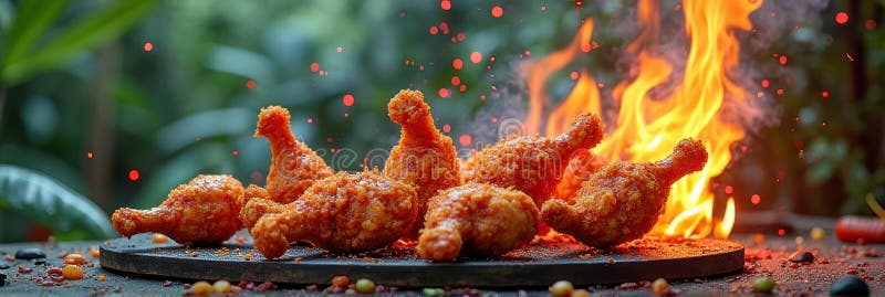 Spicy Fried Chicken Wings with Flames in Outdoor Setting Stock Photo ...