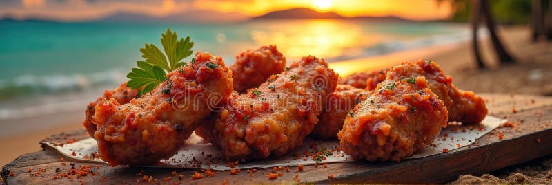 Spicy Fried Chicken Wings on Tropical Beach at Sunset Stock Photo ...