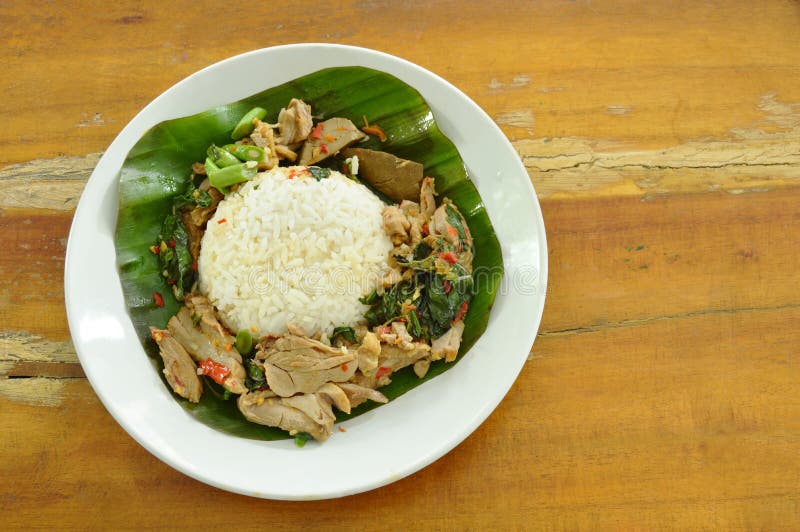 Spicy Fried Duck Meat with Basil Leaf and Rice on Banana Leaf Stock ...
