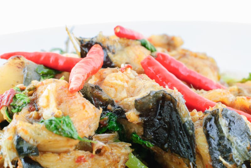 Spicy Fried Catfish with Basil Food in Thai Stock Image - Image of ...