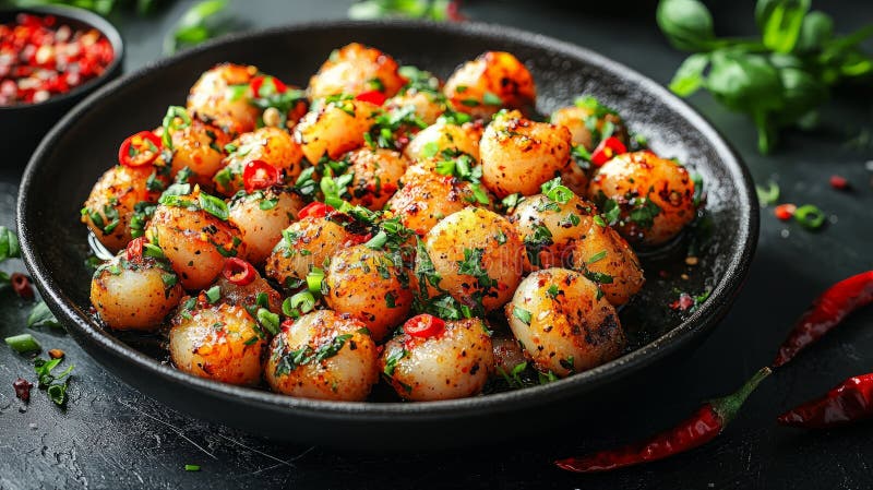 Spicy Garlic Lotus Root Dish, Dark Plate Stock Image - Image of spicy ...