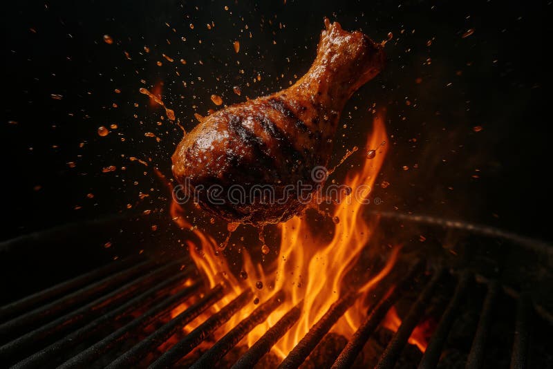 Spicy Glazed Chicken Leg Exploding with Sauce Above Open Grill Flame ...
