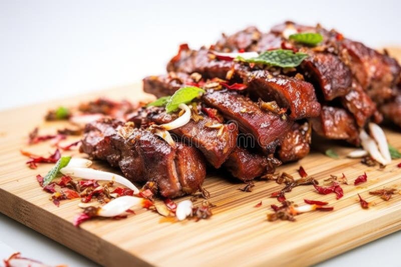 Spicy Glazed Pork Ribs Over a Marbled White Surface Stock Image - Image ...