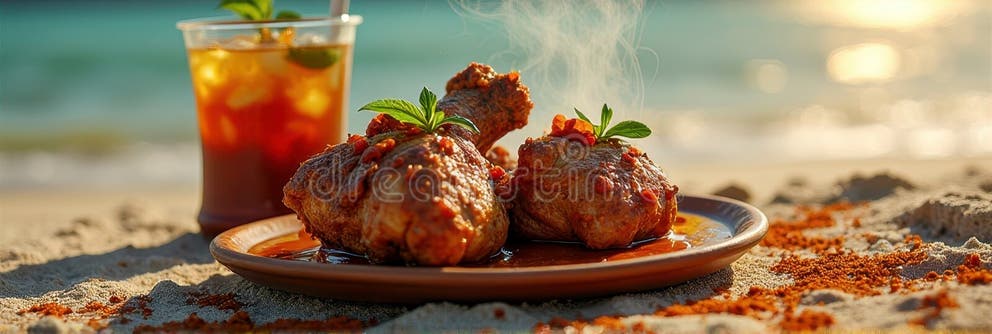 Spicy Grilled Chicken and Iced Drink on Sandy Beach at Sunset Stock ...