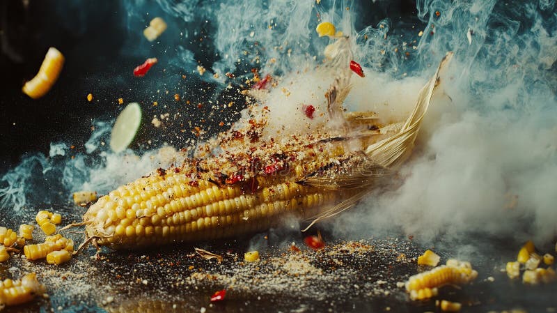 Spicy Grilled Corn Explodes in Smoky Studio Shot Stock Image - Image of ...