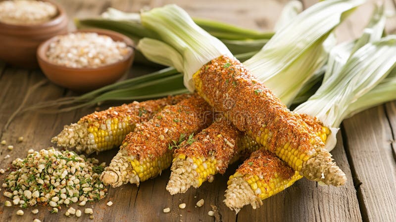 Spicy Grilled Corn on Rustic Wood Table Stock Image - Image of fresh ...
