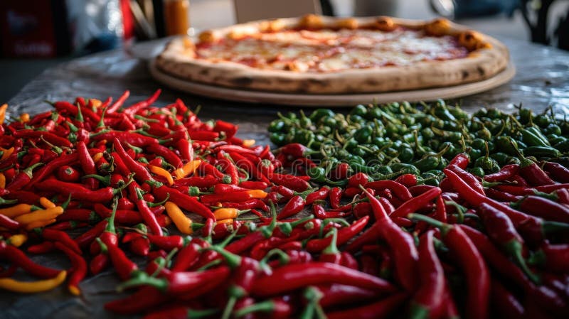 Spicy Homemade Pizza and Assorted Fresh Chili Peppers on Rustic Table ...