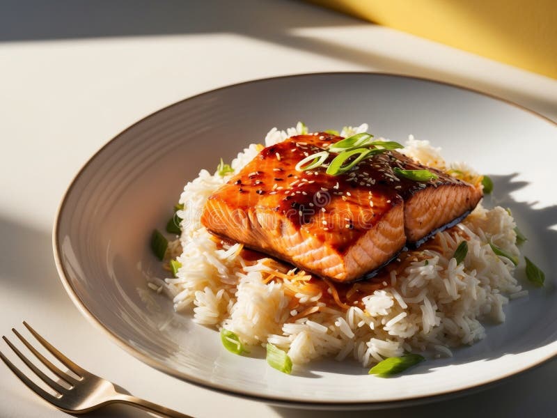 Spicy Honey Glazed Salmon with Jasmine Rice Stock Image - Image of ...
