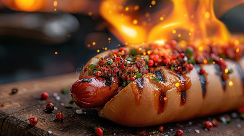 Spicy Hot Dog on Fire stock image. Image of grilled - 306017253