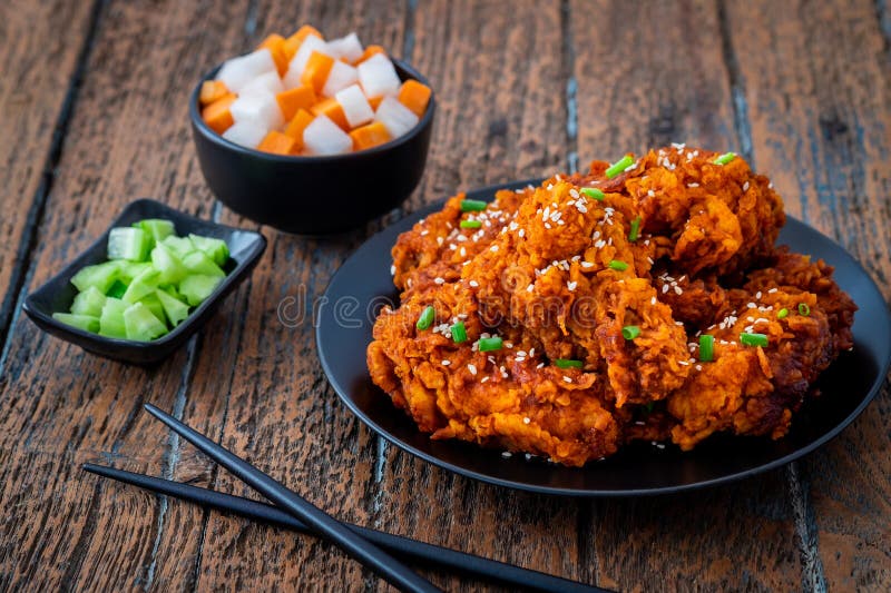 Spicy Korean Fried Chicken with Pickled Radish Stock Image - Image of ...