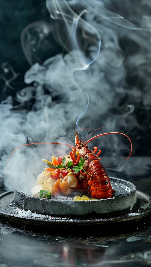 Spicy Lobster with Vegetables on a Sizzling Plate, Surrounded by Smoke ...