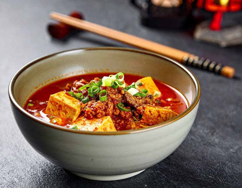 Spicy Mapo Tofu in a Deep Ceramic Bowl with Rich Red Sauce Stock ...