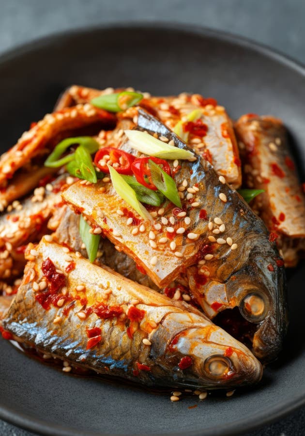 Spicy Marinated Fish with Sesame and Scallions in Black Bowl Stock ...