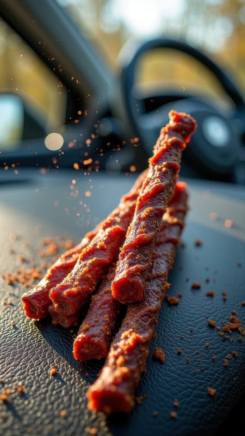 Spicy Meat Sticks on Car Dashboard with Sunlight in Background Stock ...