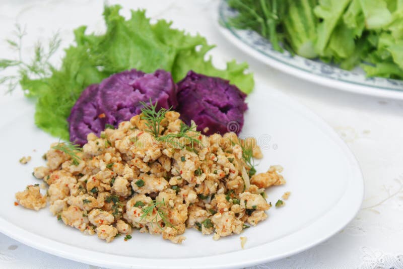 Spicy minced chicken salad stock photo. Image of salad - 76934548