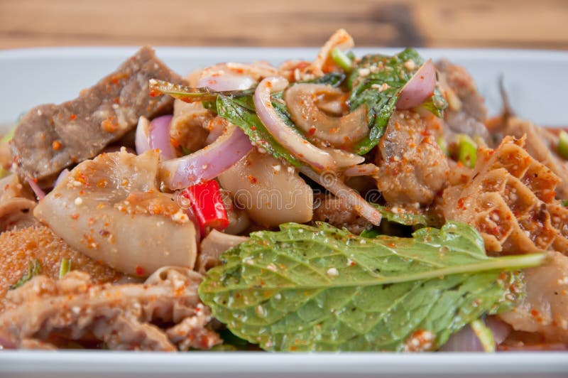 Spicy Minced Meat Salad with Green Vegetable and C Stock Image - Image ...