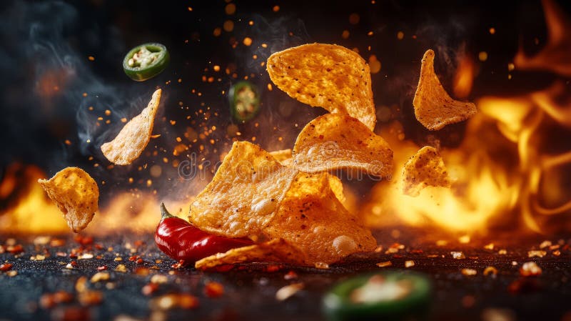 Spicy Nacho Chips Flying with Flames and Peppers. Stock Image - Image ...