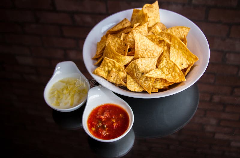 Spicy NACHOS and SALSA with Dip and Chilli Sauce Served in a Dish ...