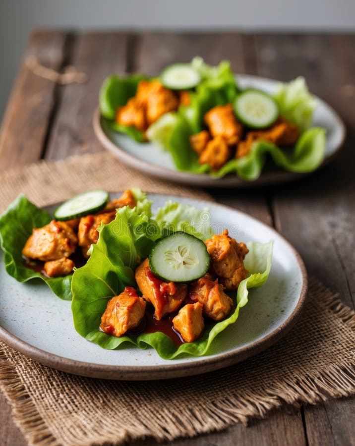 Spicy Orange Chicken Lettuce Wraps with Cucumber Slices Stock Photo ...