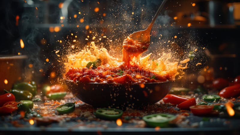 Spicy Pasta Dish Exploding from a Spoon into a Bowl Stock Illustration ...