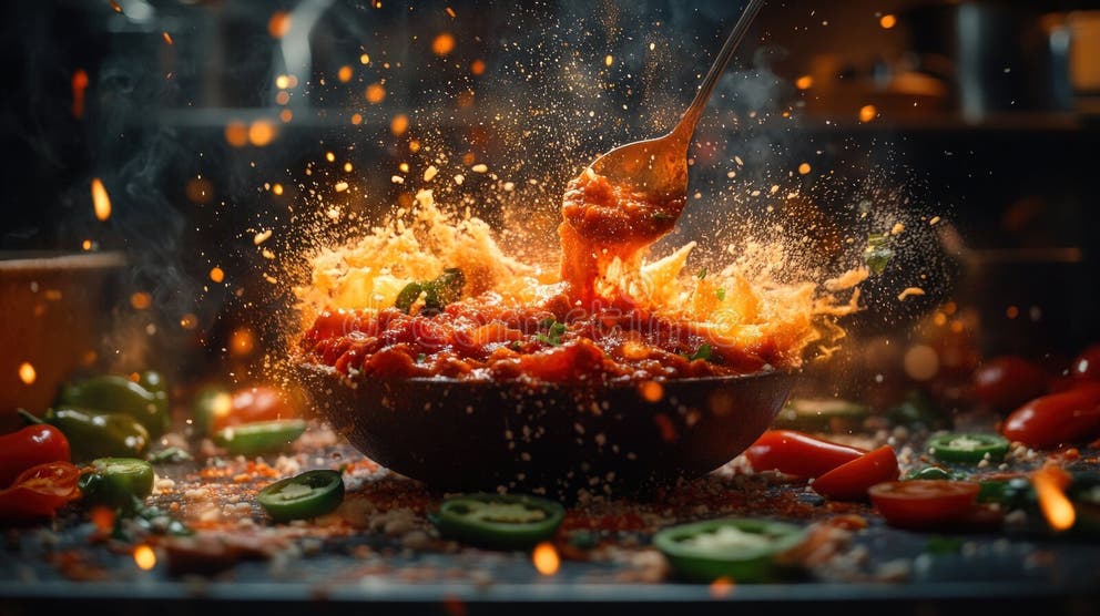 Spicy Pasta Dish Exploding from a Spoon into a Bowl Stock Illustration ...