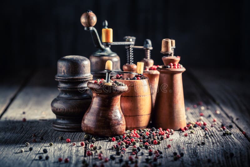 Spicy Pepper Mills with Black and Red Pepper Stock Image - Image of ...